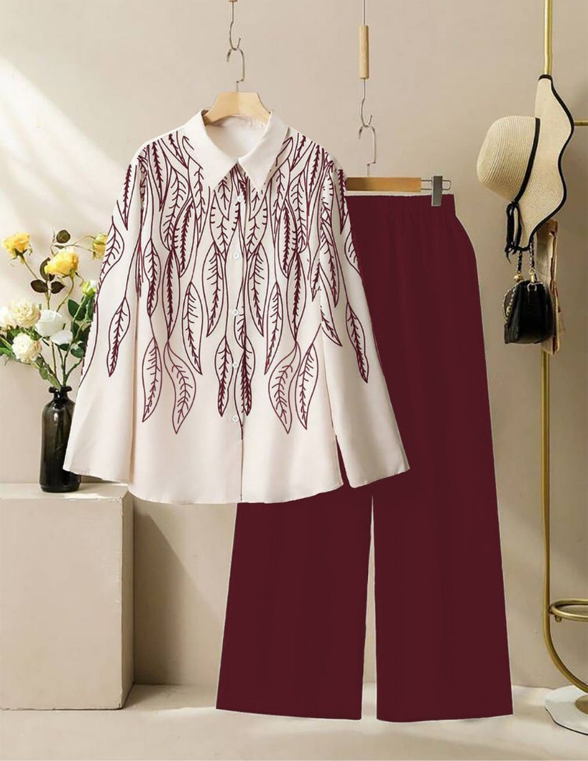 Leaf Pattern Co-Ord Set - Maroon – Indrani Life
