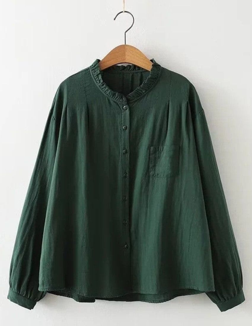 Green Frill Trim Button-Up Plain Top – Indrani Life