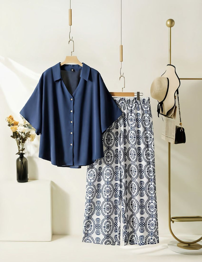 Elegant Prussian Blue Top with Graphic Palazzo Set – Indrani Life